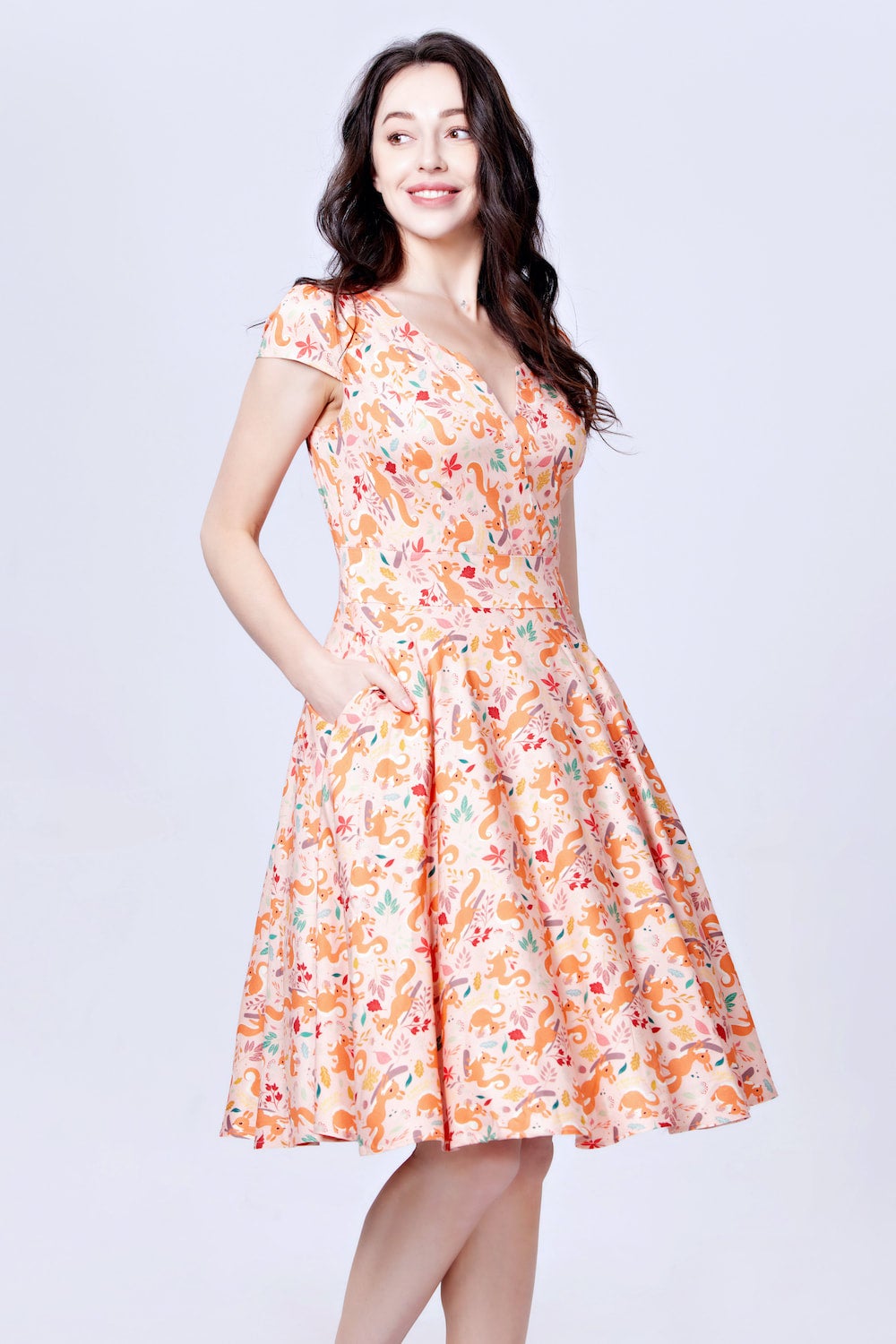 Laura Fit & Flare Dress With Pockets Squirrel Print Miss Lulo | Retro Betty